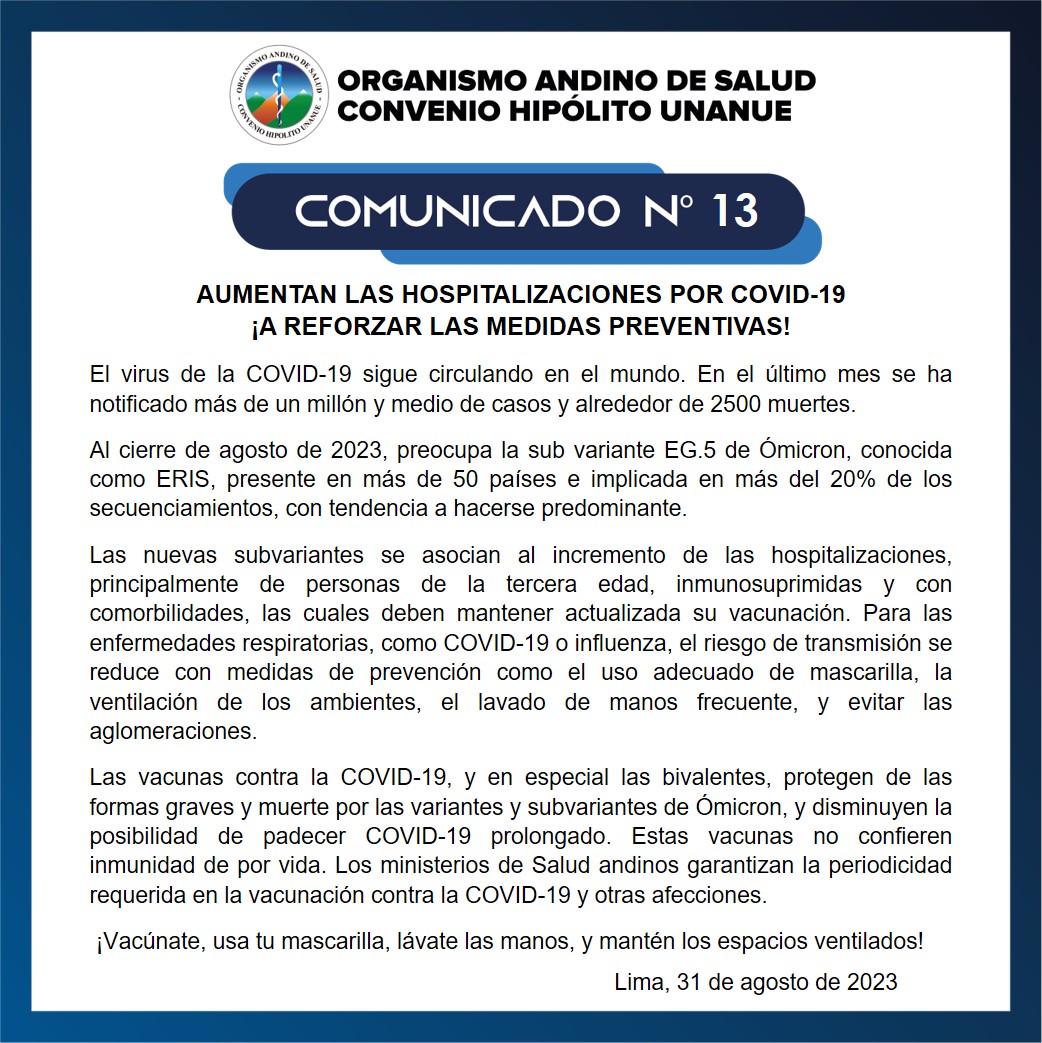 COMUNICADO N° 13 DEL ORAS-CONHU. Aumentan las hospitalizaciones por ...